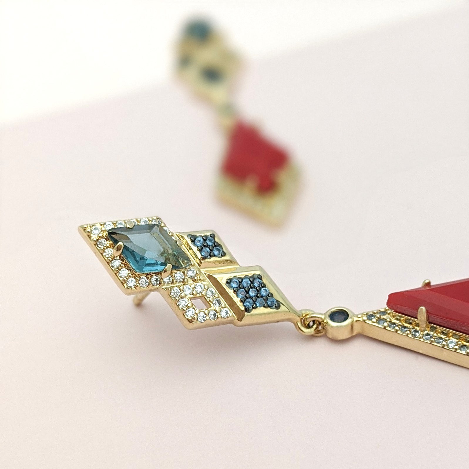 Coral Red Cubic Zirconia Drop Gold Earrings for Women