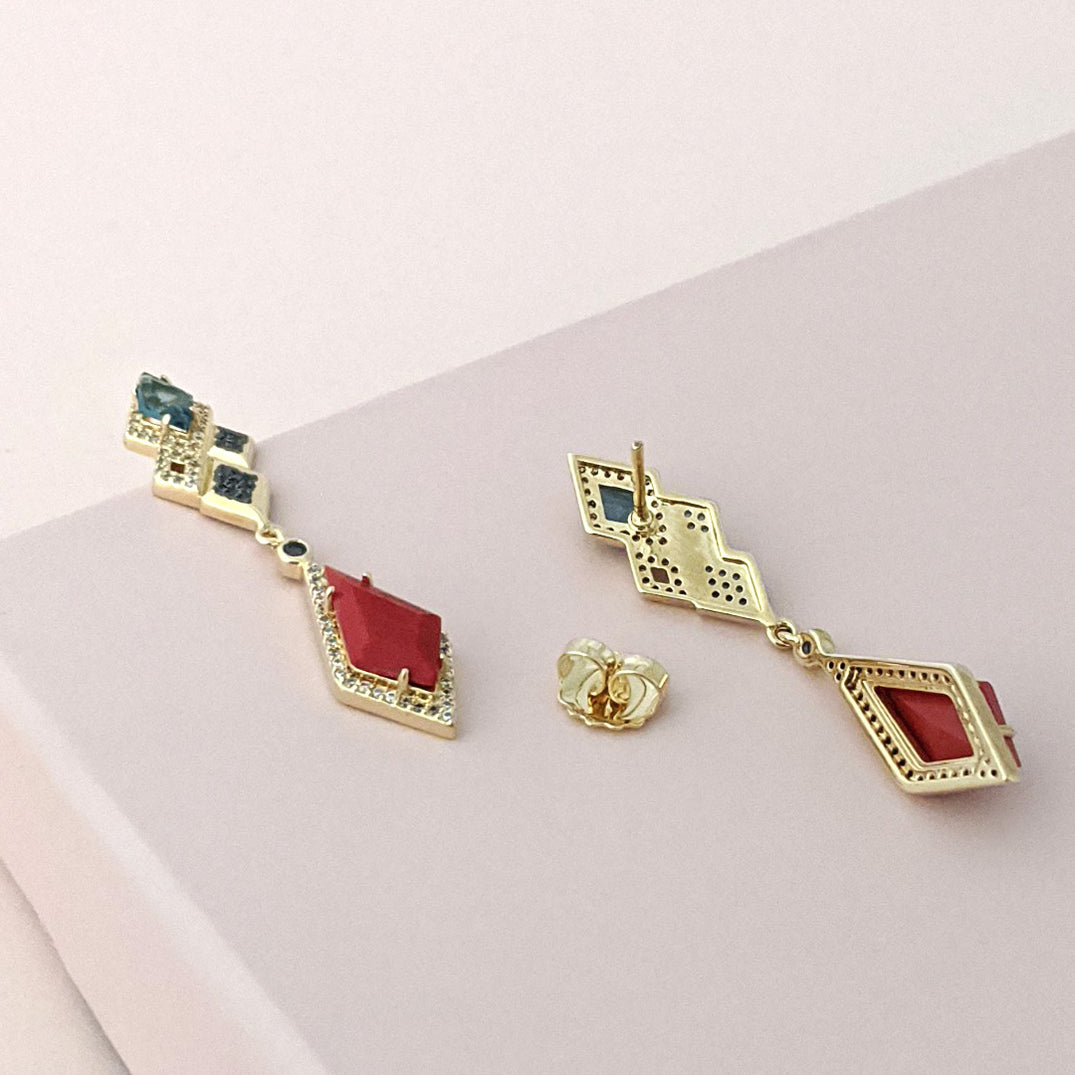 Coral Red Cubic Zirconia Drop Gold Earrings for Women